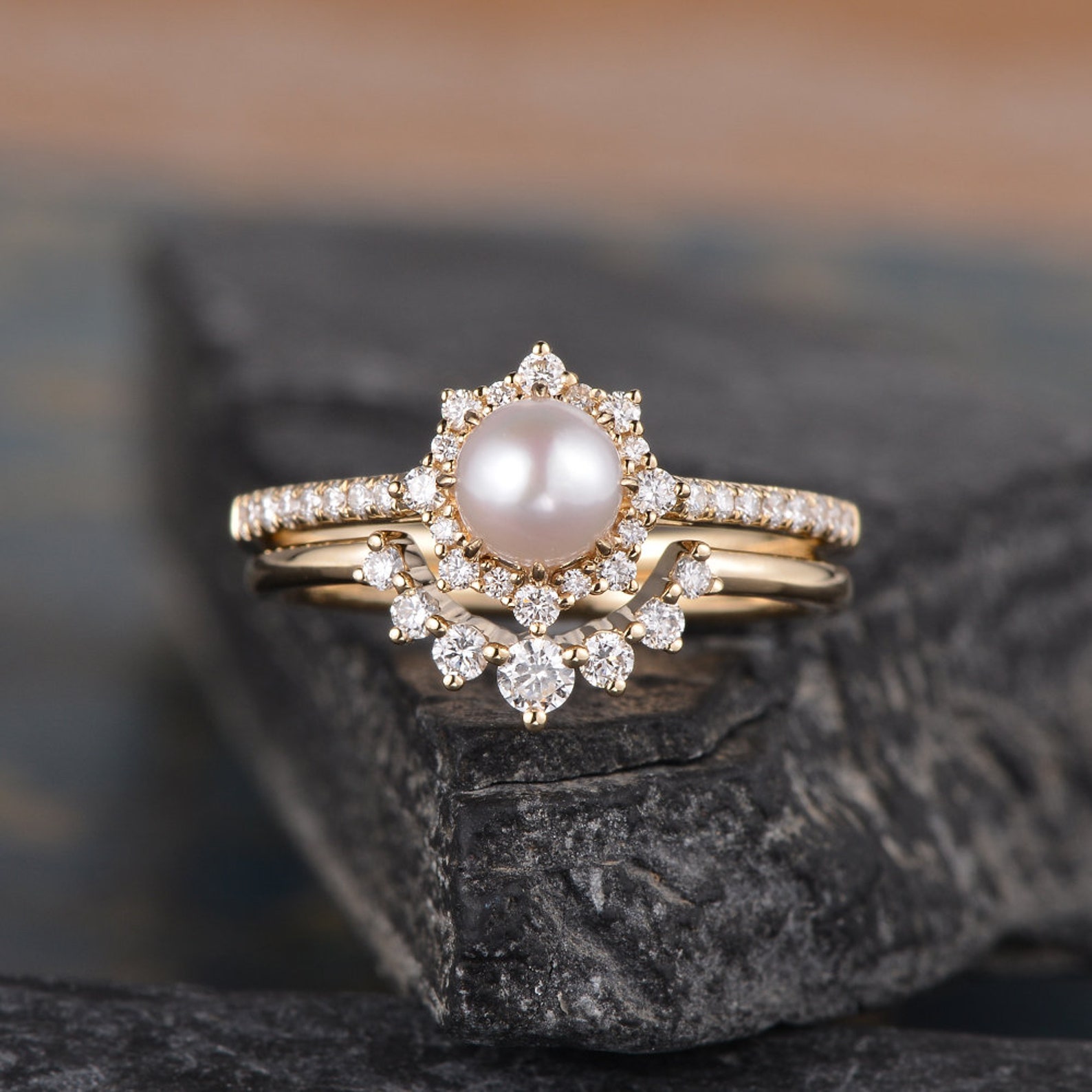 Rose Gold Pearl Engagement Ring Bridal Set Halo Diamond | Etsy