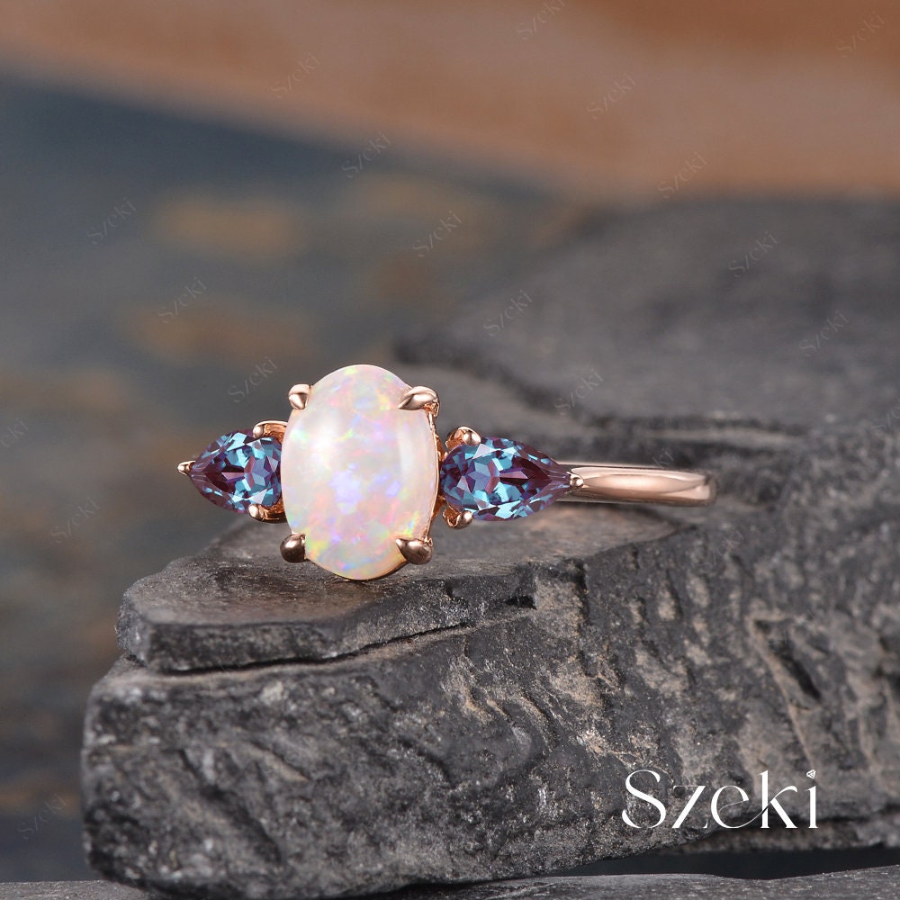 Opal and Alexandrite Ring Oval Cut Cabochon Natural Opal Engagement ...