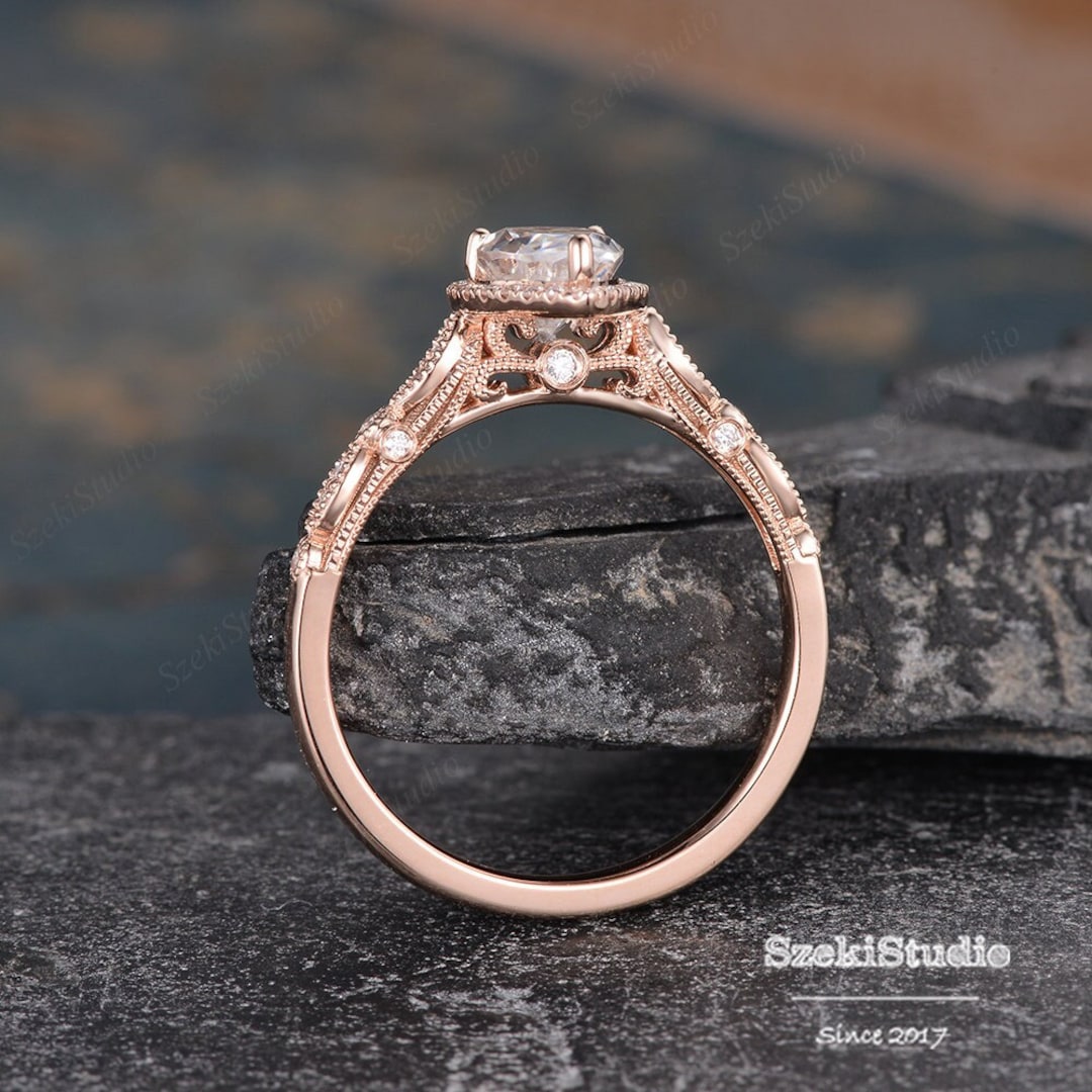 Peekaboo Moissanite Engagement Ring Rose Gold Art Deco Wedding Ring ...