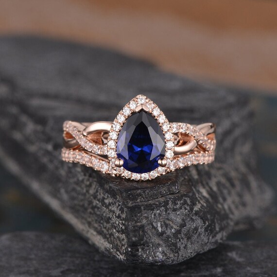 Pear Shaped Sapphire Engagement Ring Set Infinity Lab Sapphire | Etsy