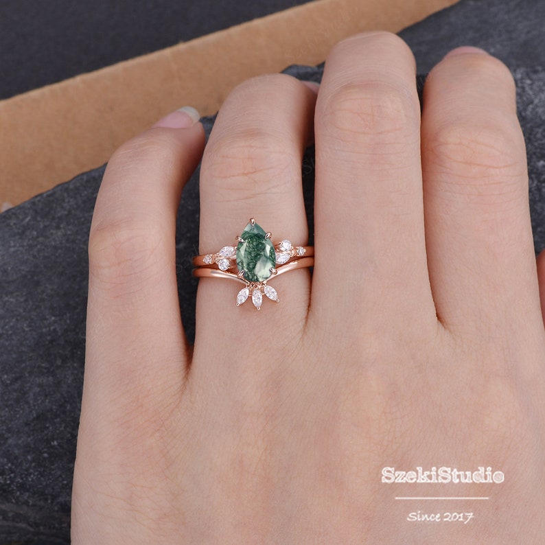 Pear Shaped Moss Agate Engagement Ring Set Rose Gold Green - Etsy