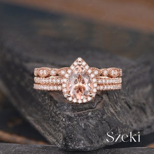 Pear Shaped Morganite Engagement Ring Bridal Set Rose Gold Stacking ...