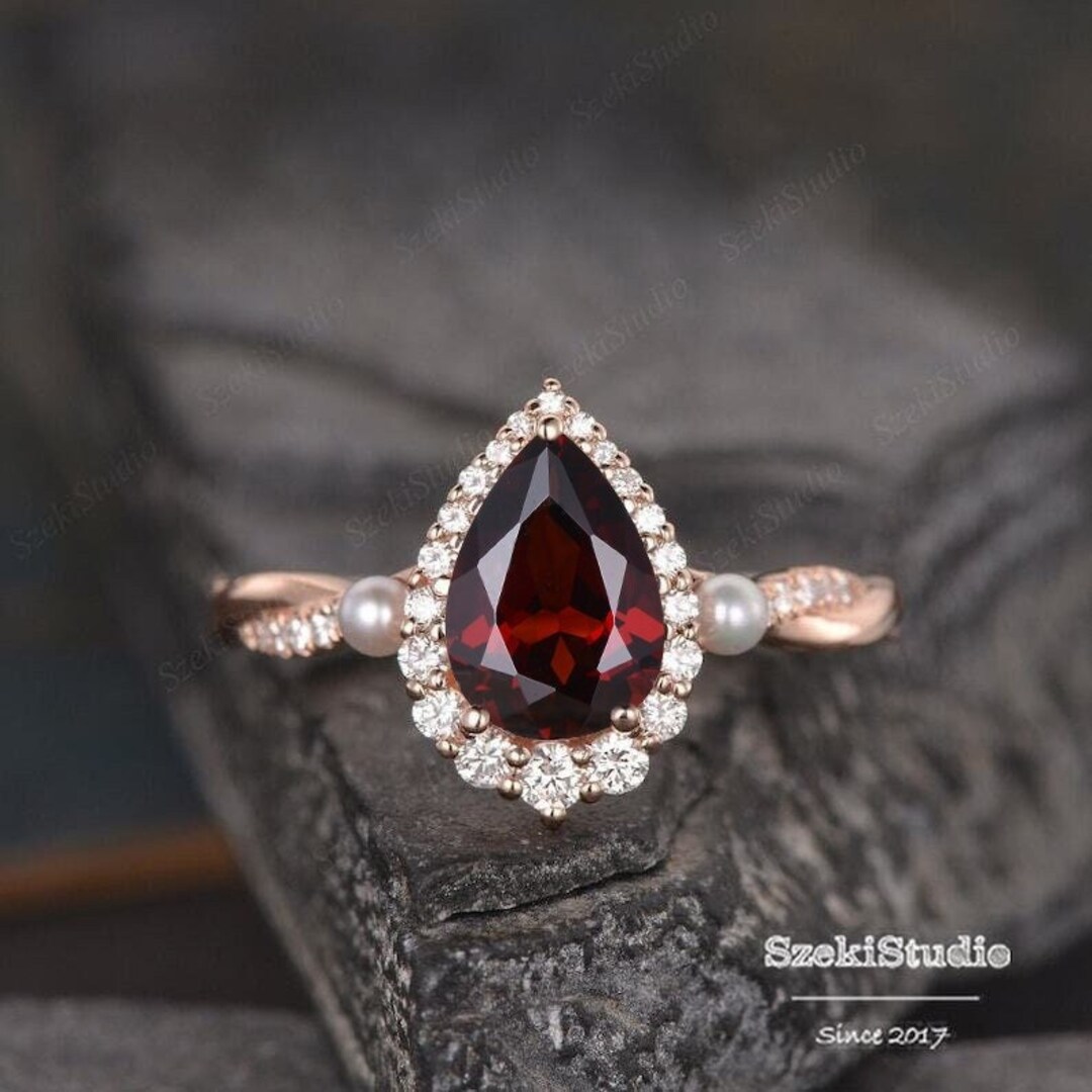 Pear Shaped Garnet Pearl Engagement Ring Rose Gold Women Pear Shaped ...