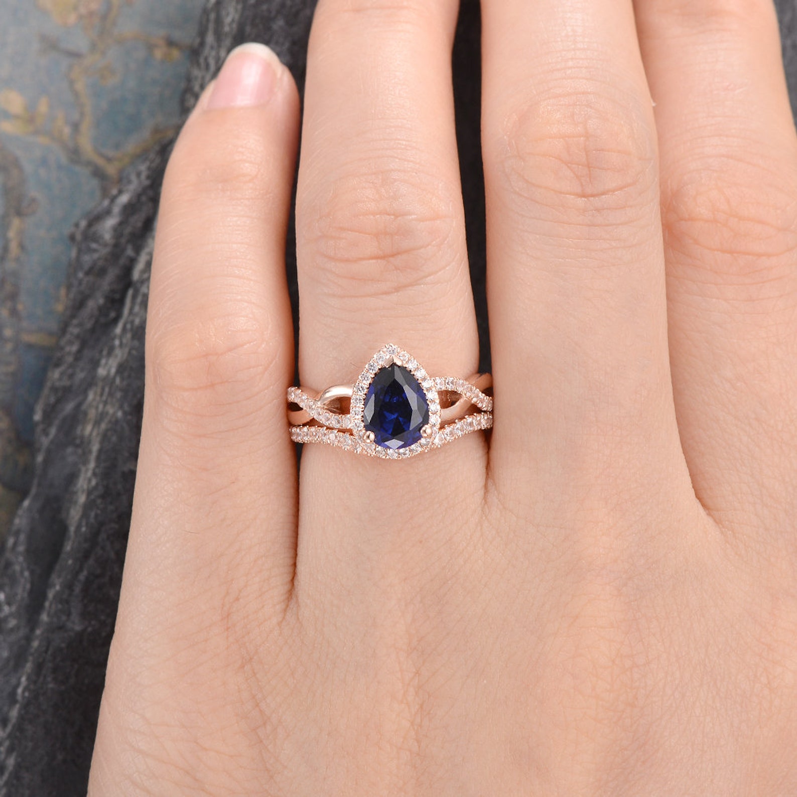Pear Shaped Sapphire Engagement Ring Set Infinity Lab Sapphire - Etsy