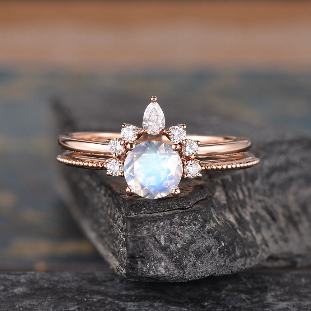 Moonstone Engagement Ring Sets Rose Gold Bridal Sets Diamond | Etsy