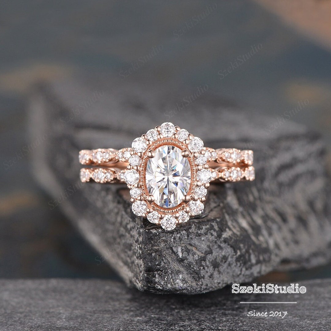 Cluster Moissanite Engagement Ring Set Rose Gold Oval Cut Colorless ...