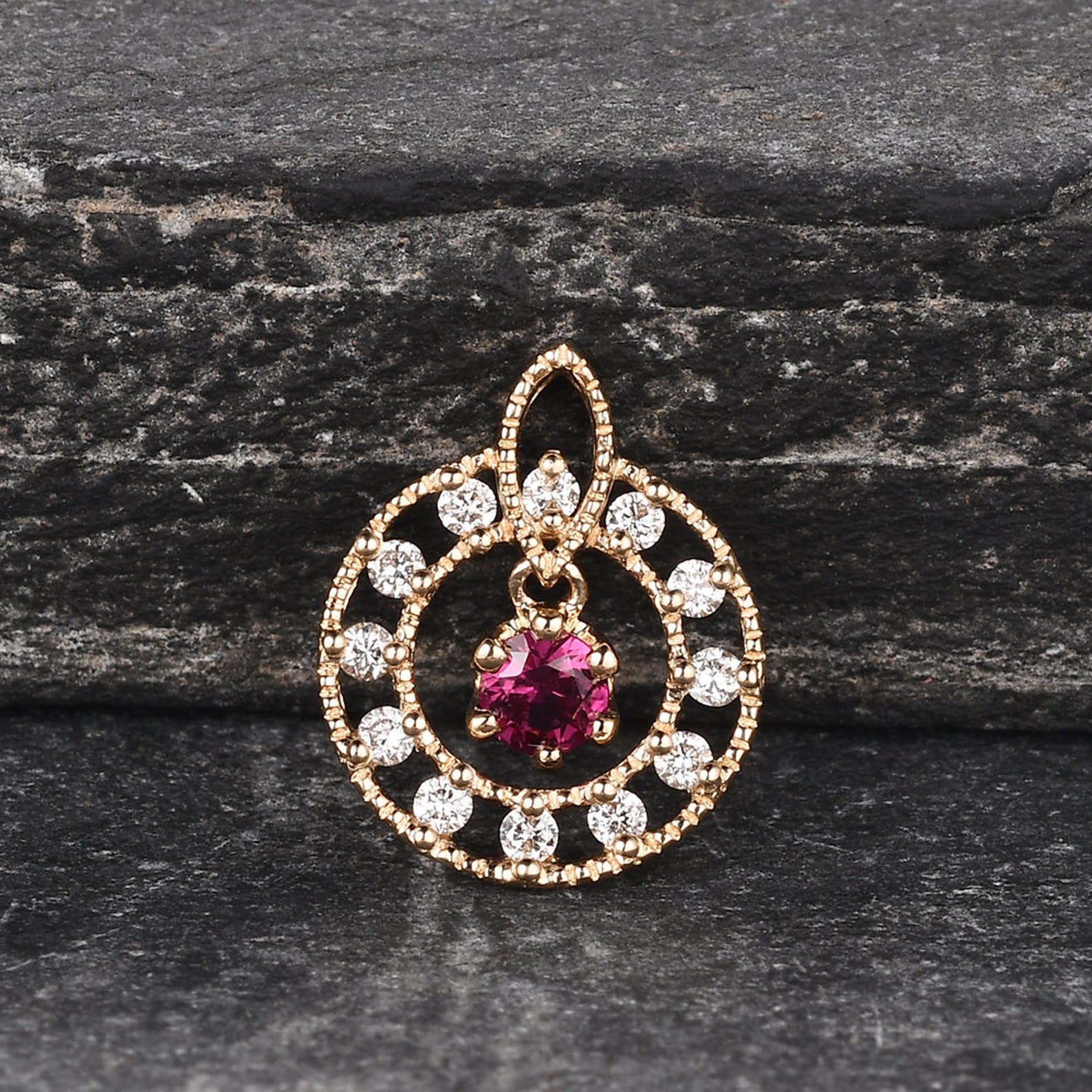 Natural Ruby Necklace Pendant Yellow Gold Diamond Halo | Etsy