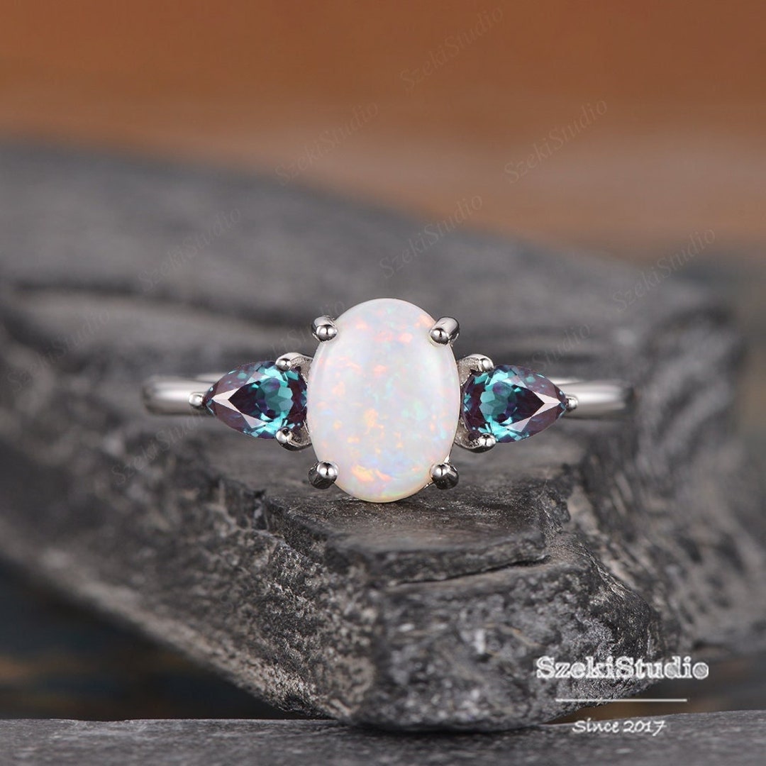 Opal and Alexandrite Ring Oval Cut Cabochon Natural Opal Engagement ...
