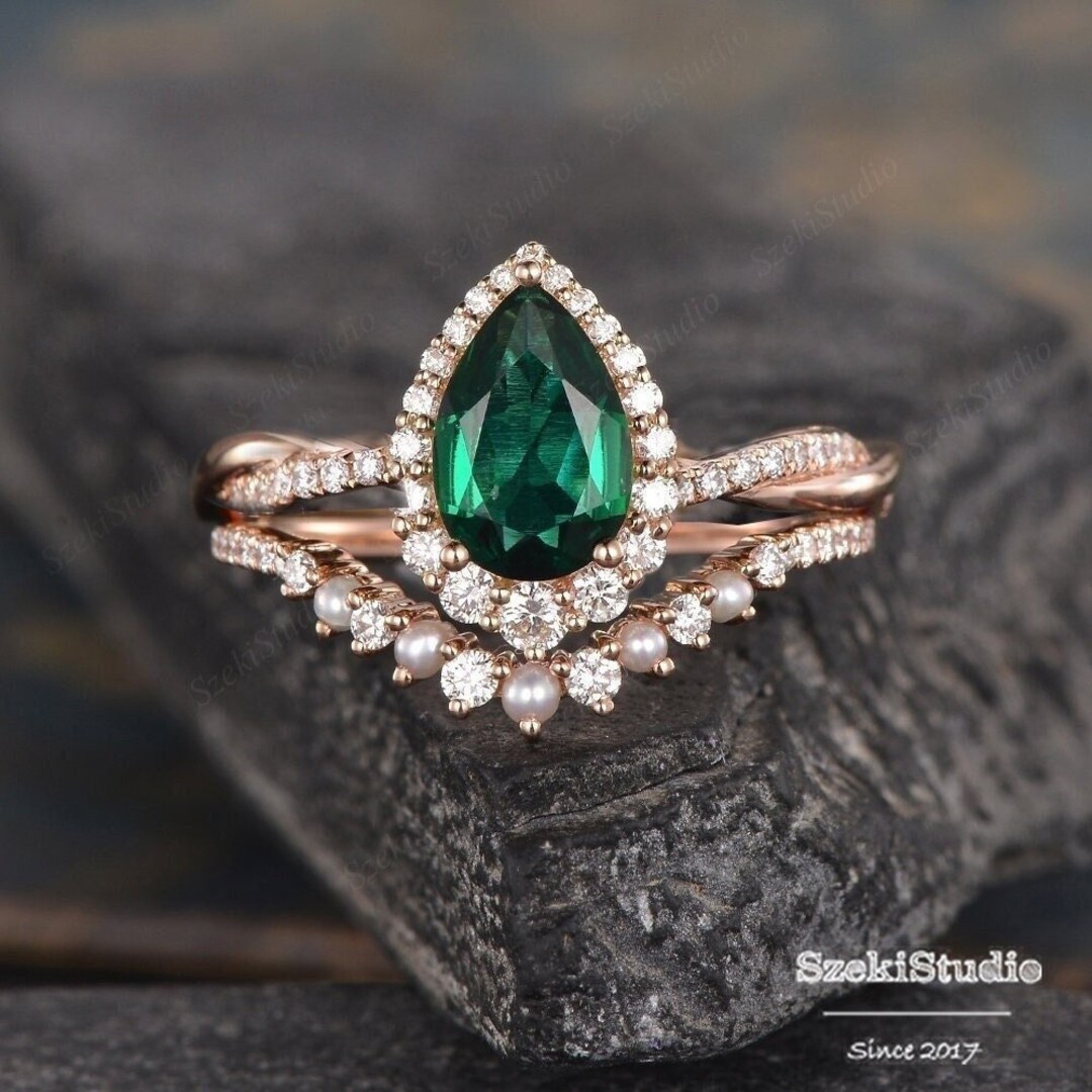 Infinity Emerald Engagement Ring Set Rose Gold Pear Shaped Bridal Ring ...