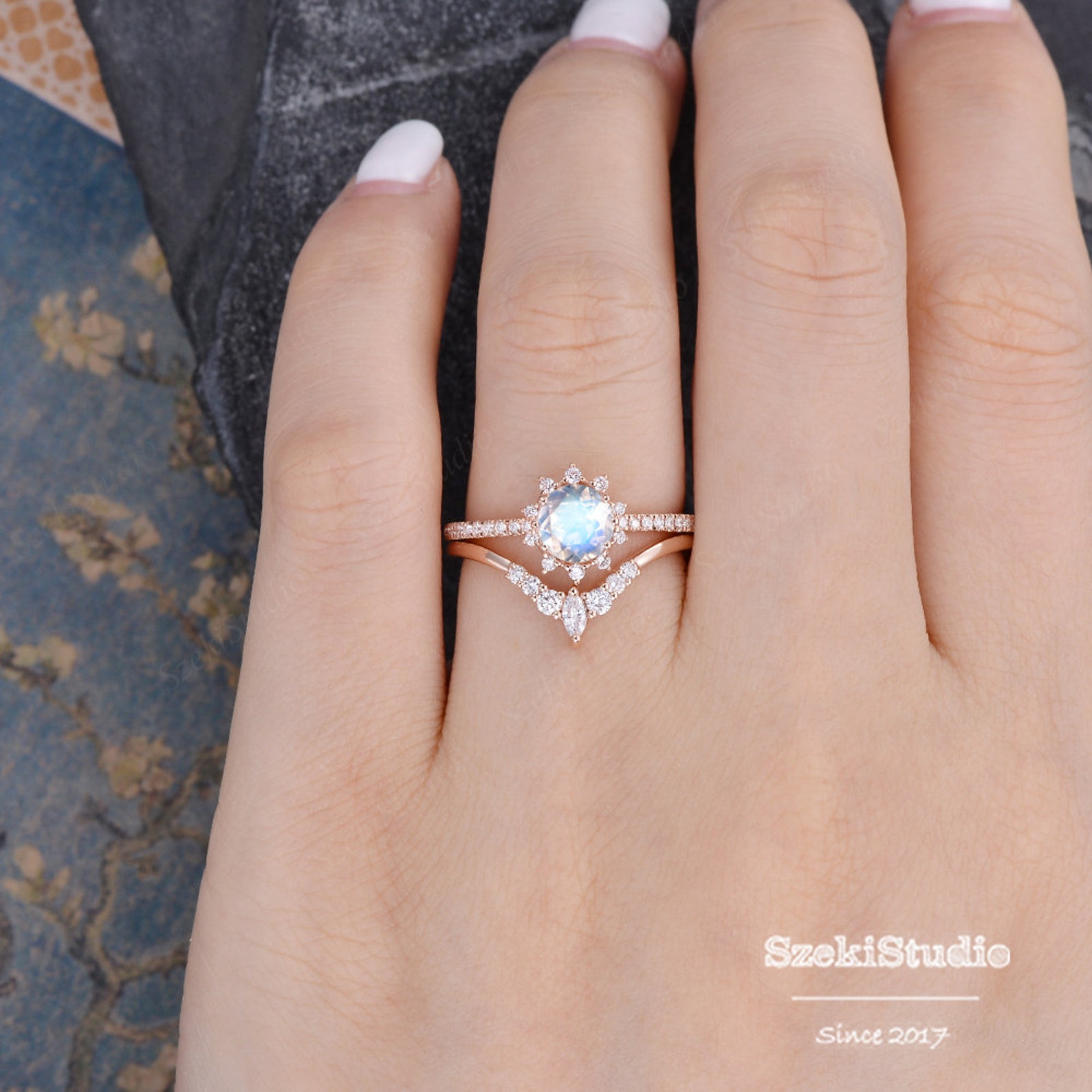 Moonstone Engagement Ring Rose Gold Bridal Sets Diamond Curved Wedding ...