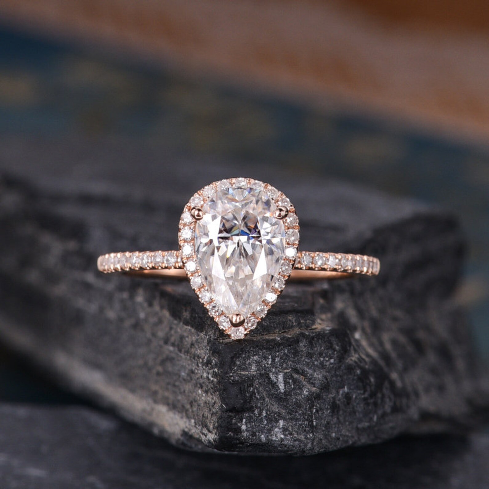Rose Gold Moissanite Engagement Ring Pear Shaped 6x9mm Halo Diamond ...