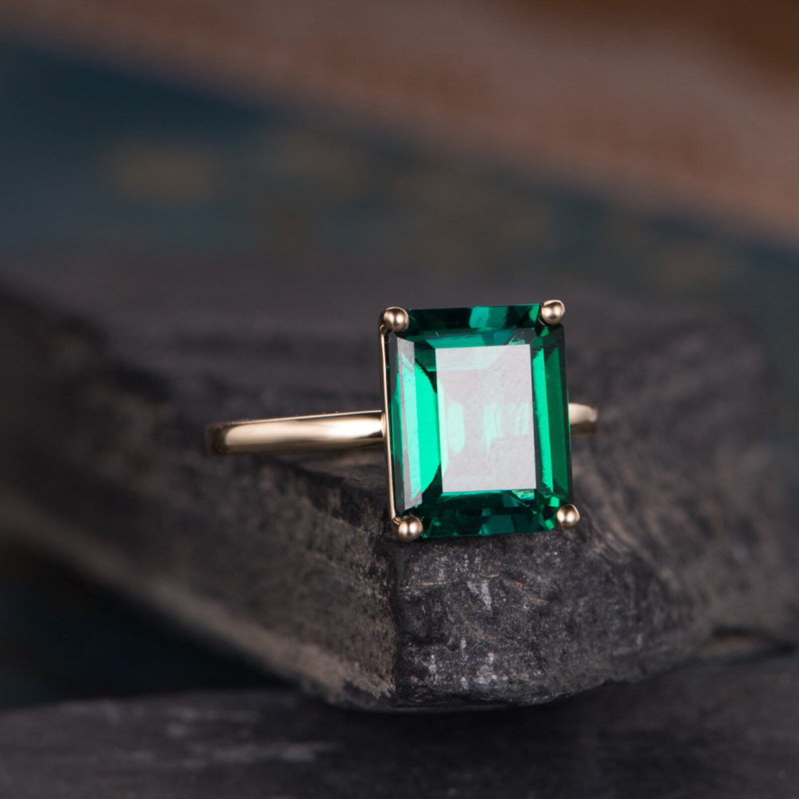 Lab Emerald Engagement Ring Solitaire Rose Gold Ring Plain Band 8x10mm ...