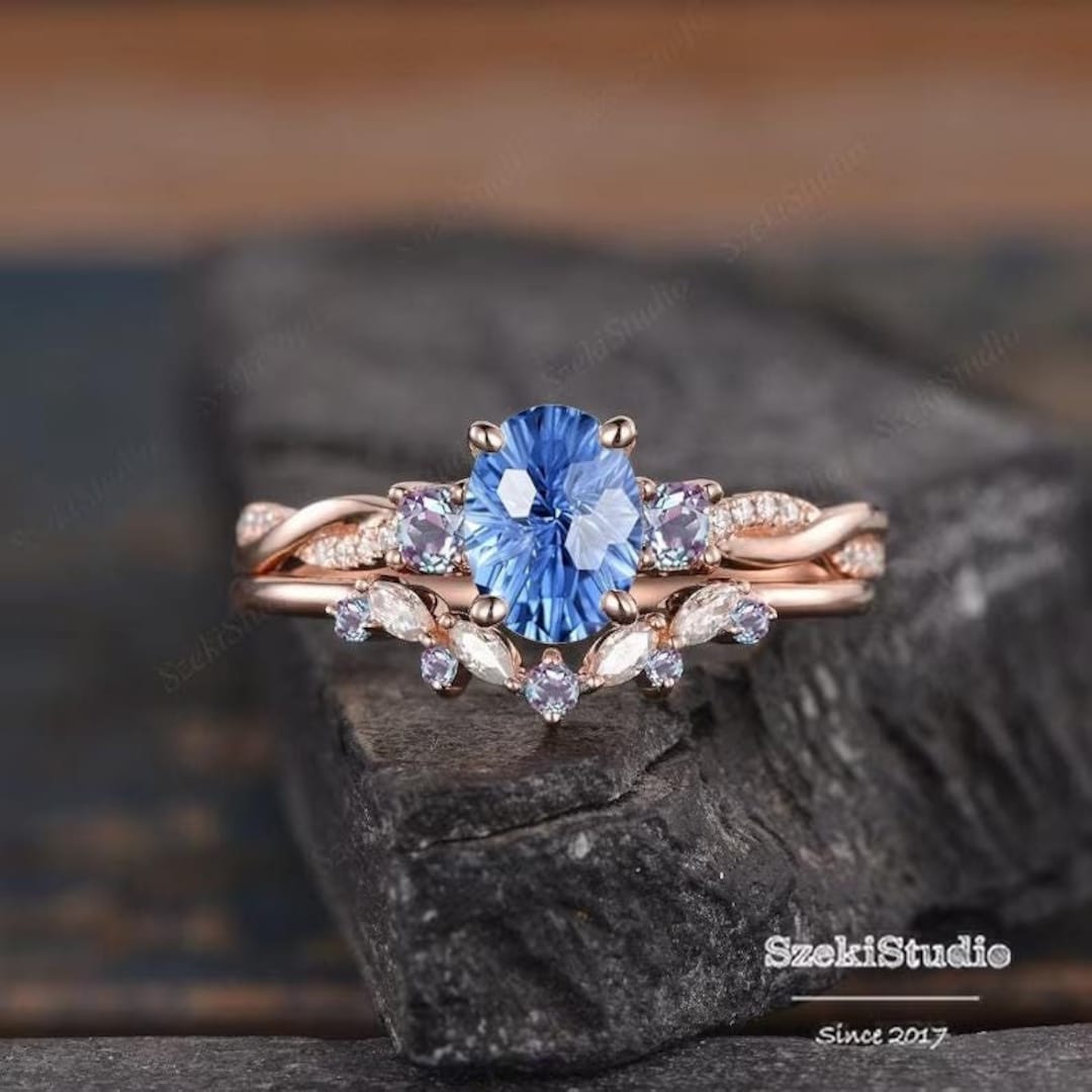 Firework Cut Sapphire Engagement Ring Rose Gold Oval Cut Sapphire Ring ...
