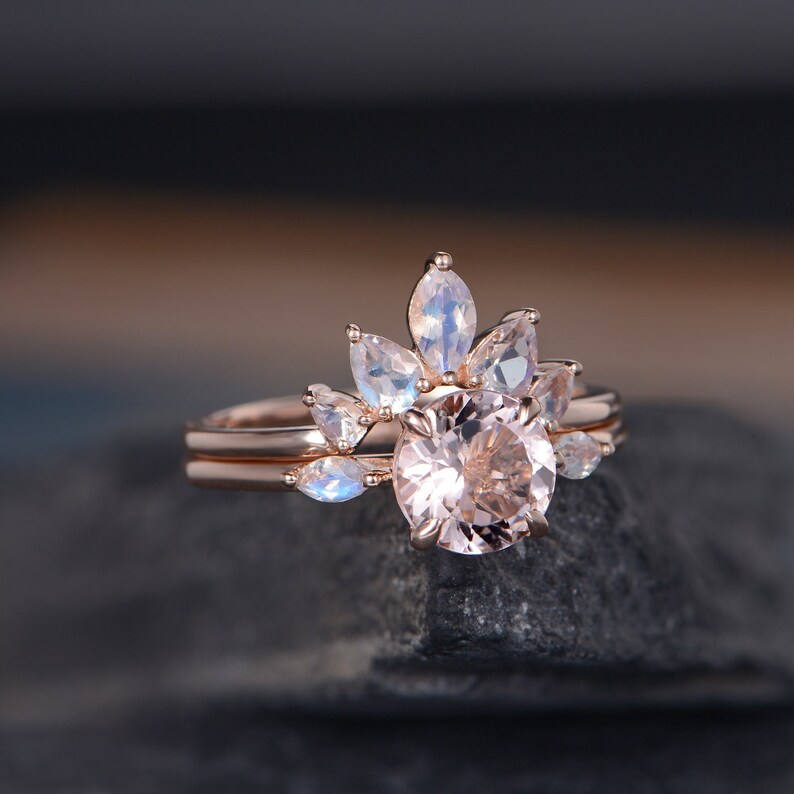 Round Cut Morganite Engagement Ring Bridal Set Rose Gold Pear | Etsy