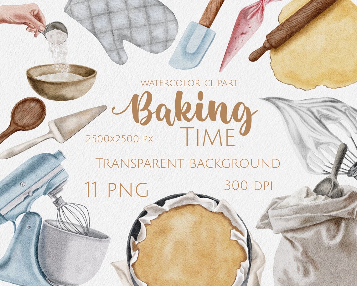 Watercolor Baking Clipart, Baking Supplies, Kitchen Utensils, Digital ...