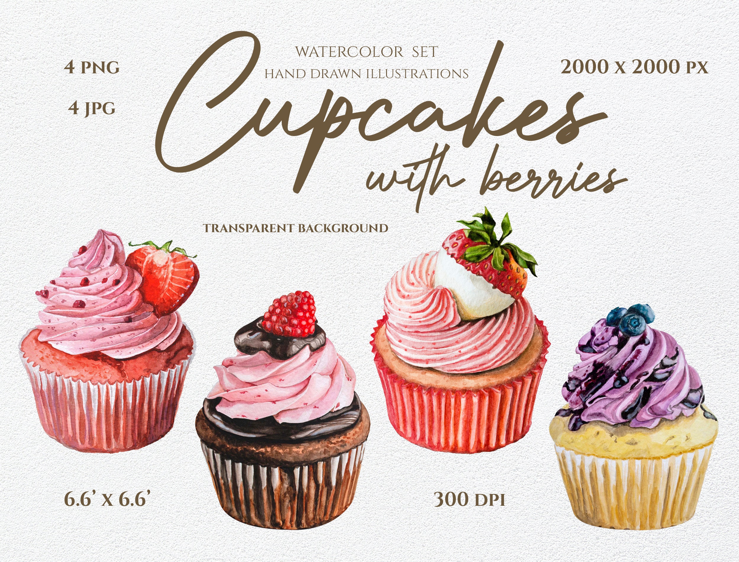 Watercolor Cupcake Illustration Blueberry Trendy Clipart Instant ...