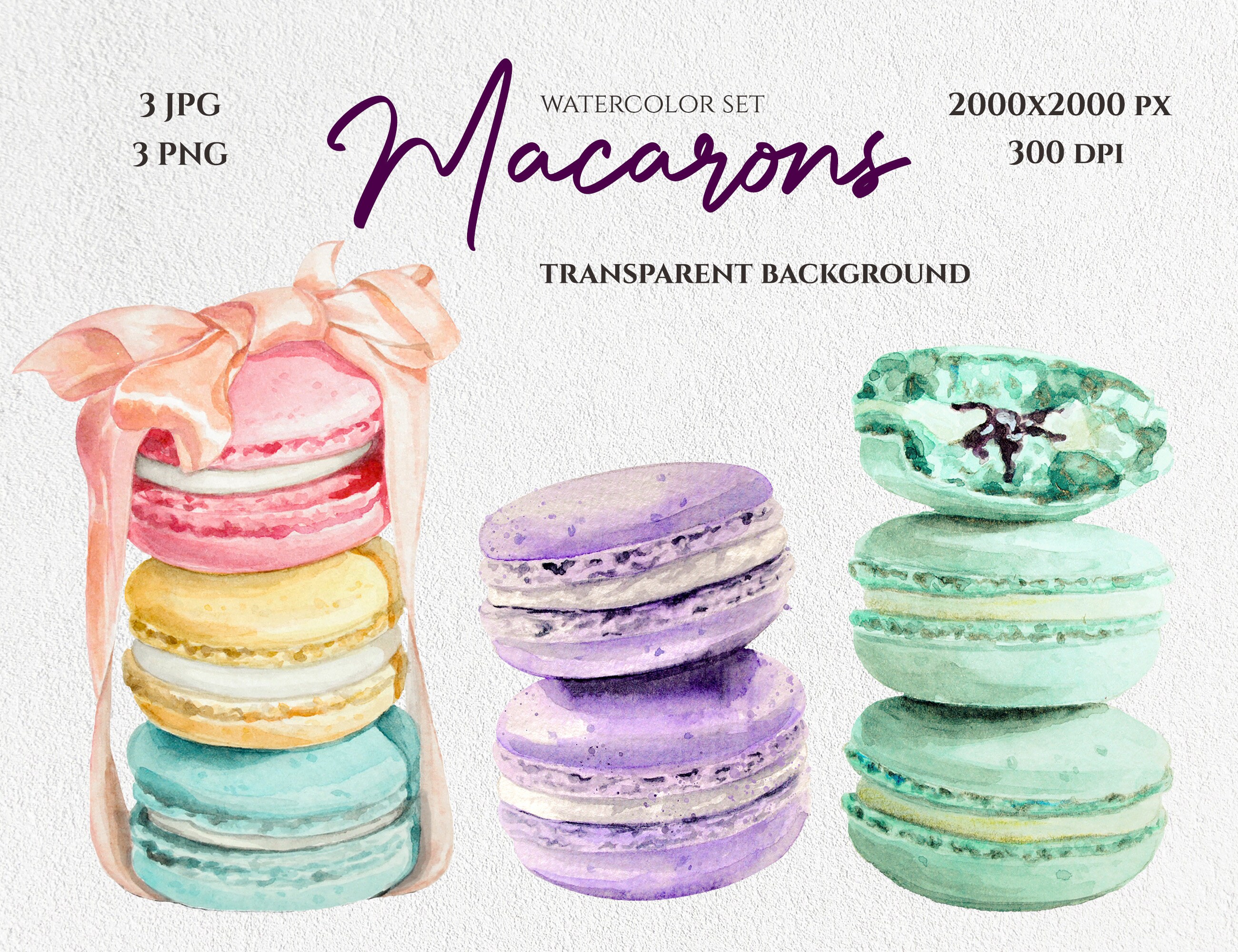 Watercolor Clipart Macarons French Dessert Macaroon Hand Painted ...