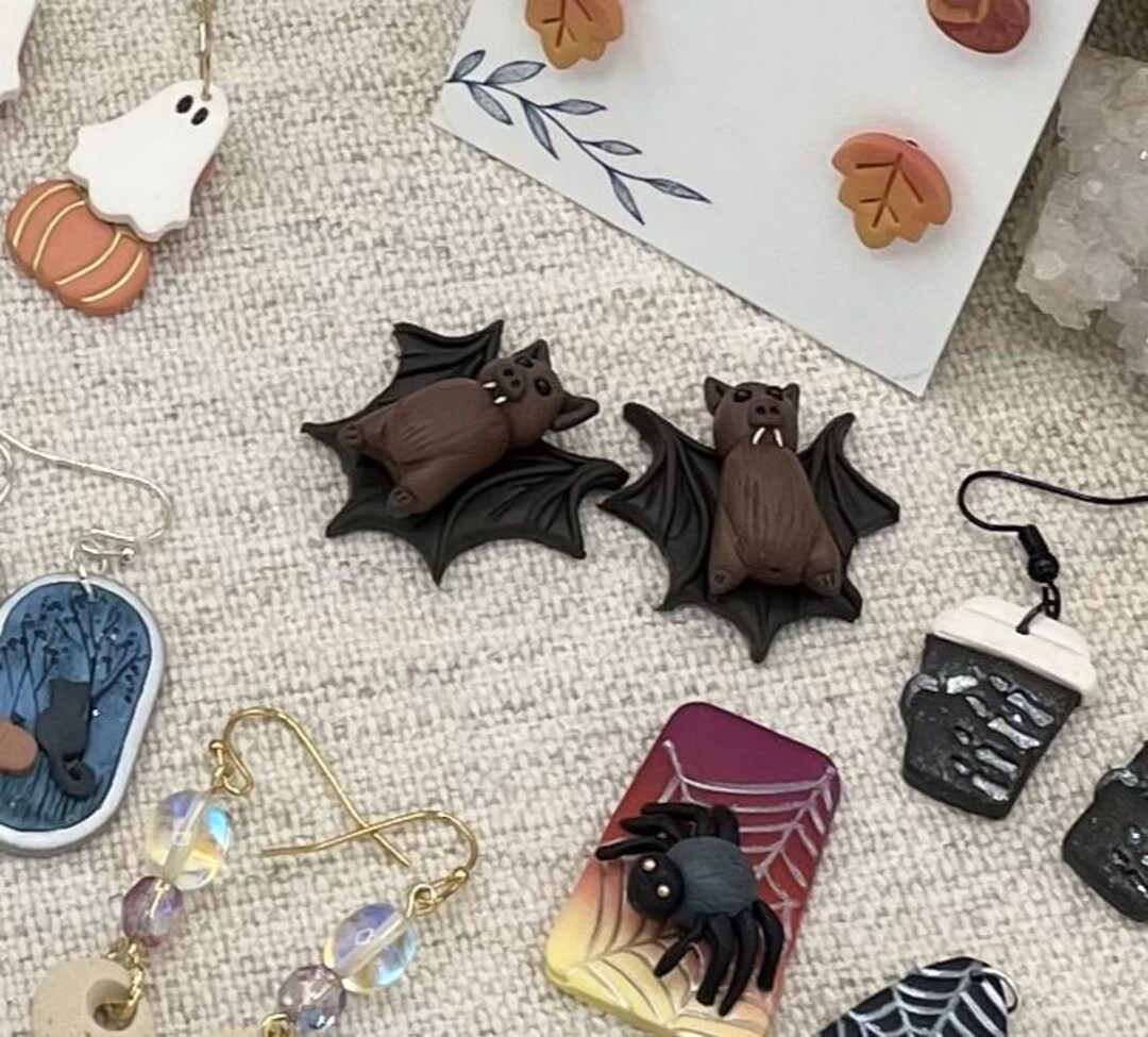 Fruit Bat Earrings Hanging Vampire Bats Open Wings With Fangs Polymer ...