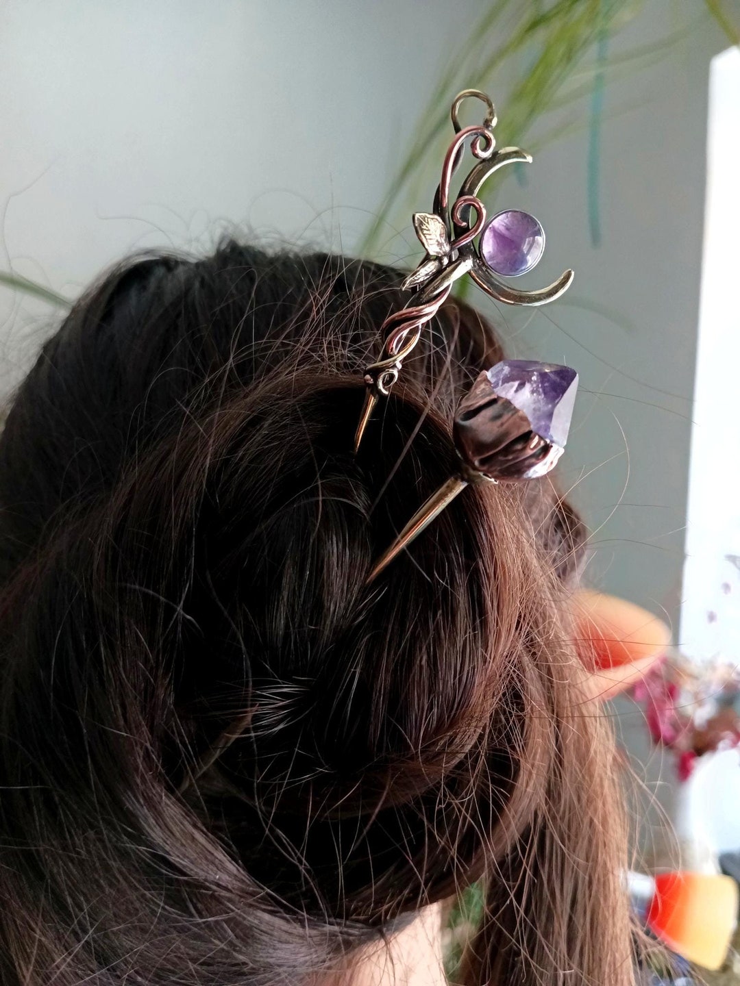 2 Amethysts Hair Sticks With Brass and Copper, Moon and Amethyst ...