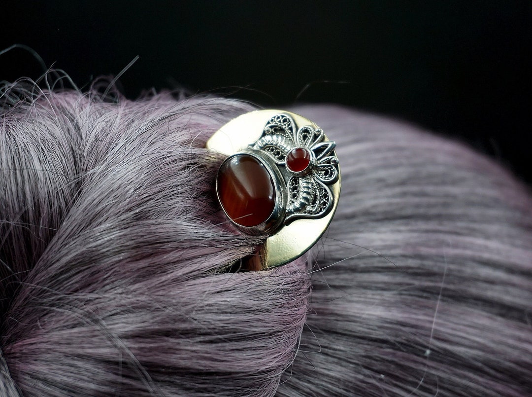 Moon Hair Fork for Thick Hair With Carnelian and Mix Metal Brass and ...