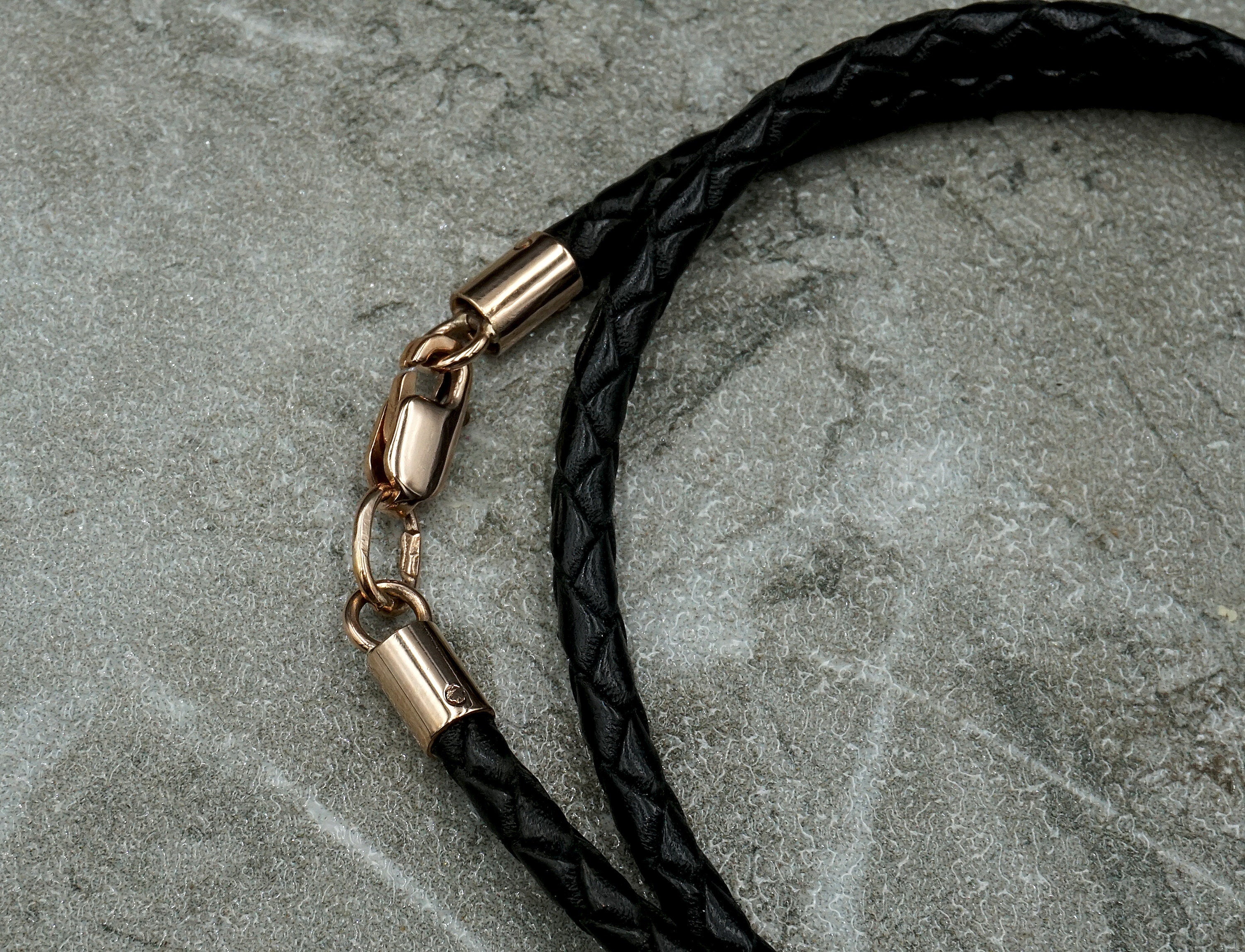 18k Solid Yellow Gold Black Braided Leather Cord Necklace 18k Solid Yellow Gold Black Braided Leather Cord Necklace