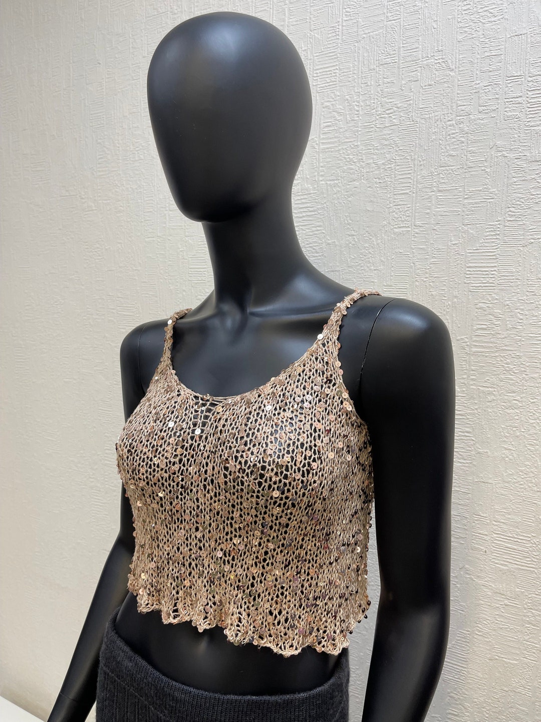 Beige Cropped Sequins Knitted Tank Top for Women, Disco Party Crop Top ...