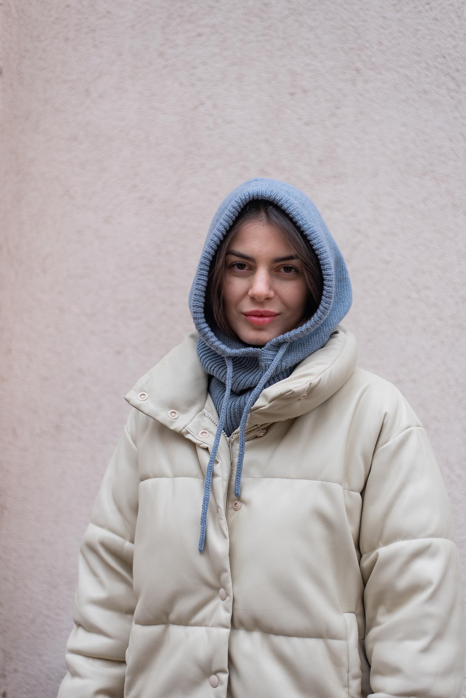 Denim Blue Merino Wool Knitted Hood, Warm Women Wool Hood Helmet ...