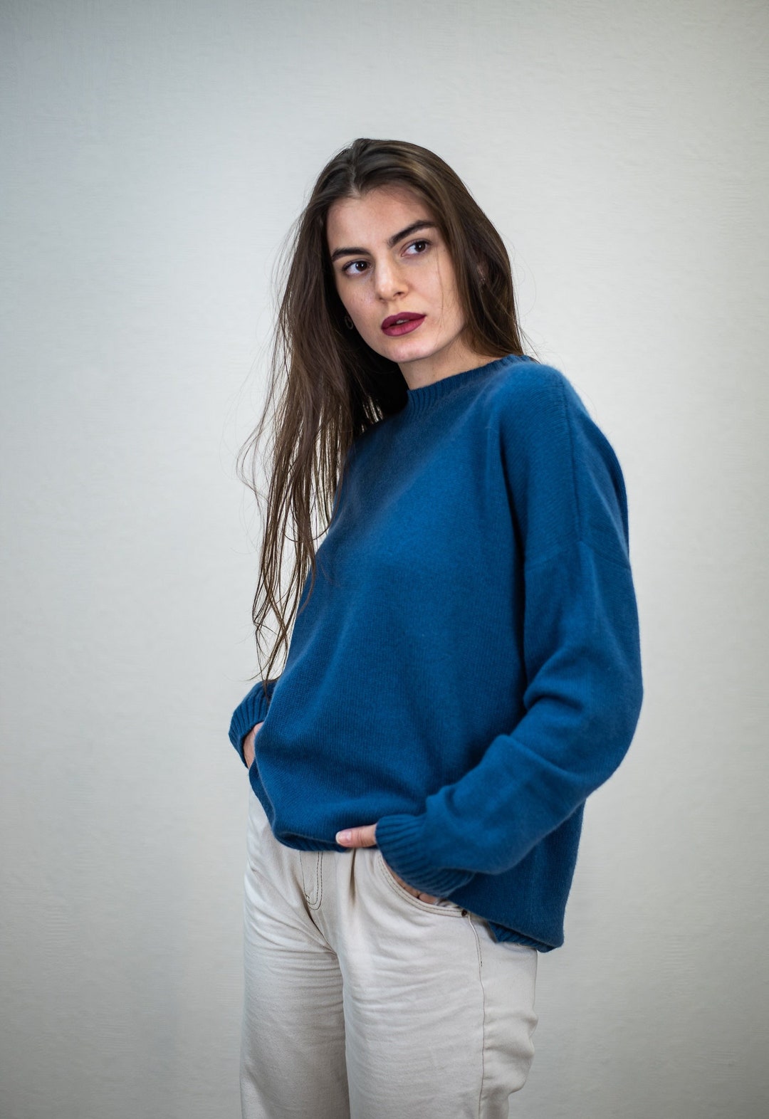 Blue Pure Premium Wool Sweater for Women, Minimalist Soft and Cozy Long ...