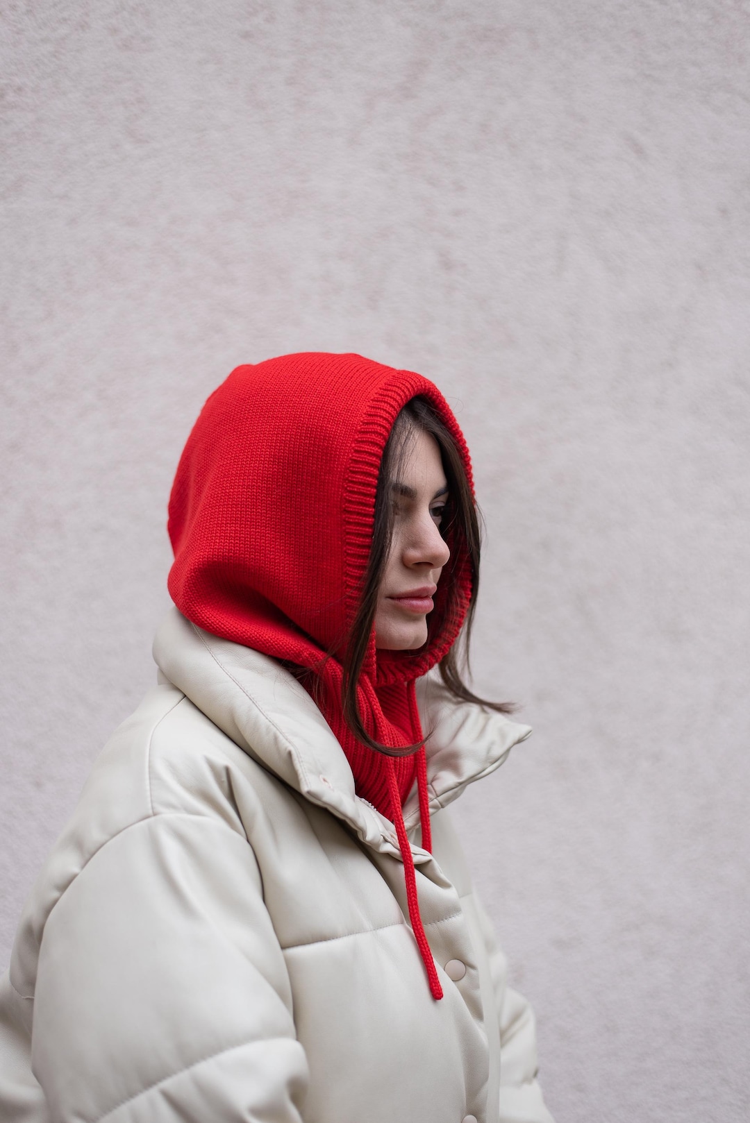 Bright Red Merino Wool Knitted Hood, Warm Women Wool Hood Helmet ...