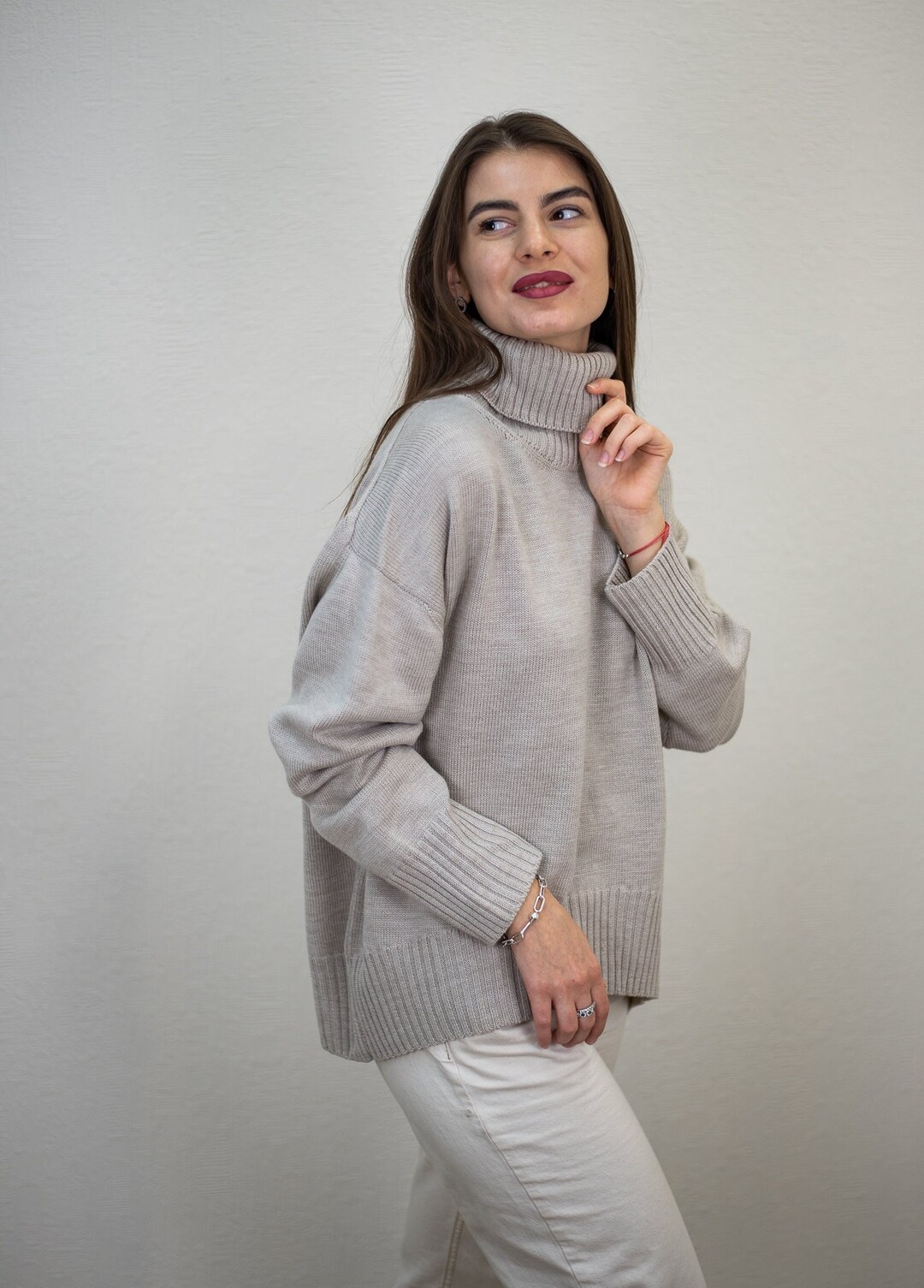 Merino Wool Oversized Sweater, Light Beige Turtleneck, Minimalist Warm ...