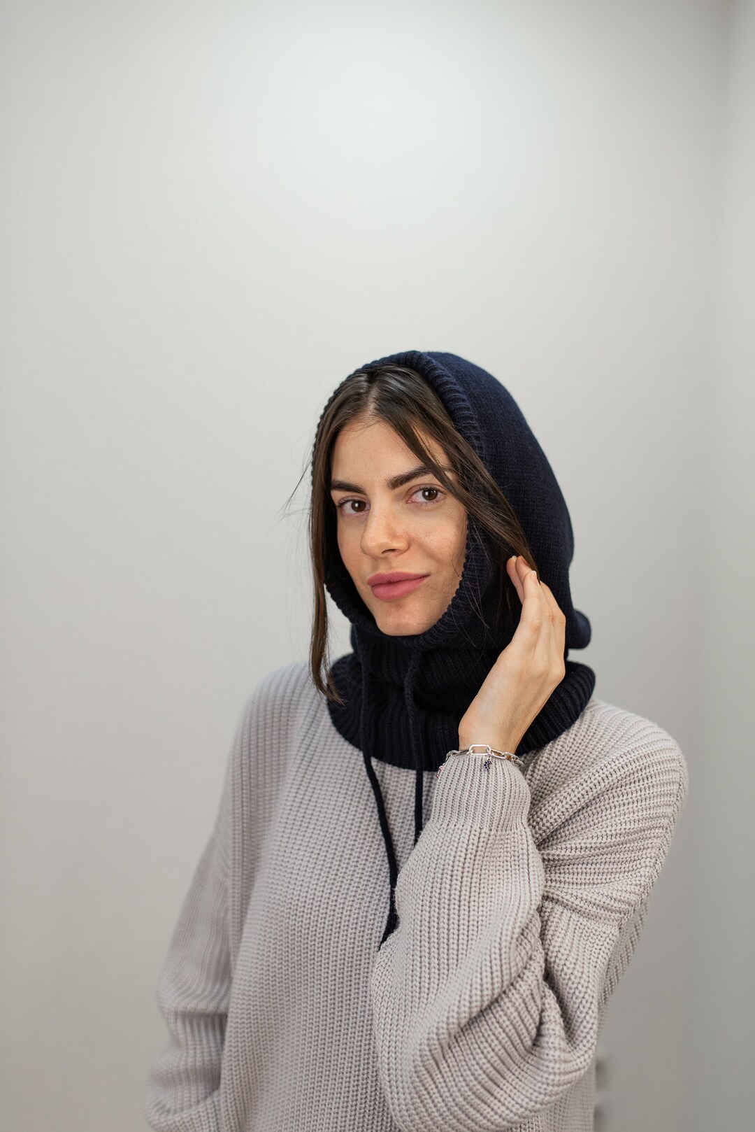 Merino Wool Knitted Hood, Warm Women Wool Hood Helmet, Winter Cowl Hood ...