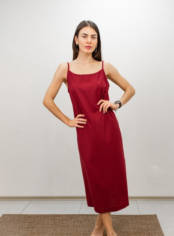 Burgundy Linen Midi Dress Linen Deep Red Sundress With Thin - Etsy