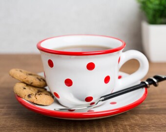 Red Ceramic Tea Cup Teacup and Saucer Handmade White Polka | Etsy