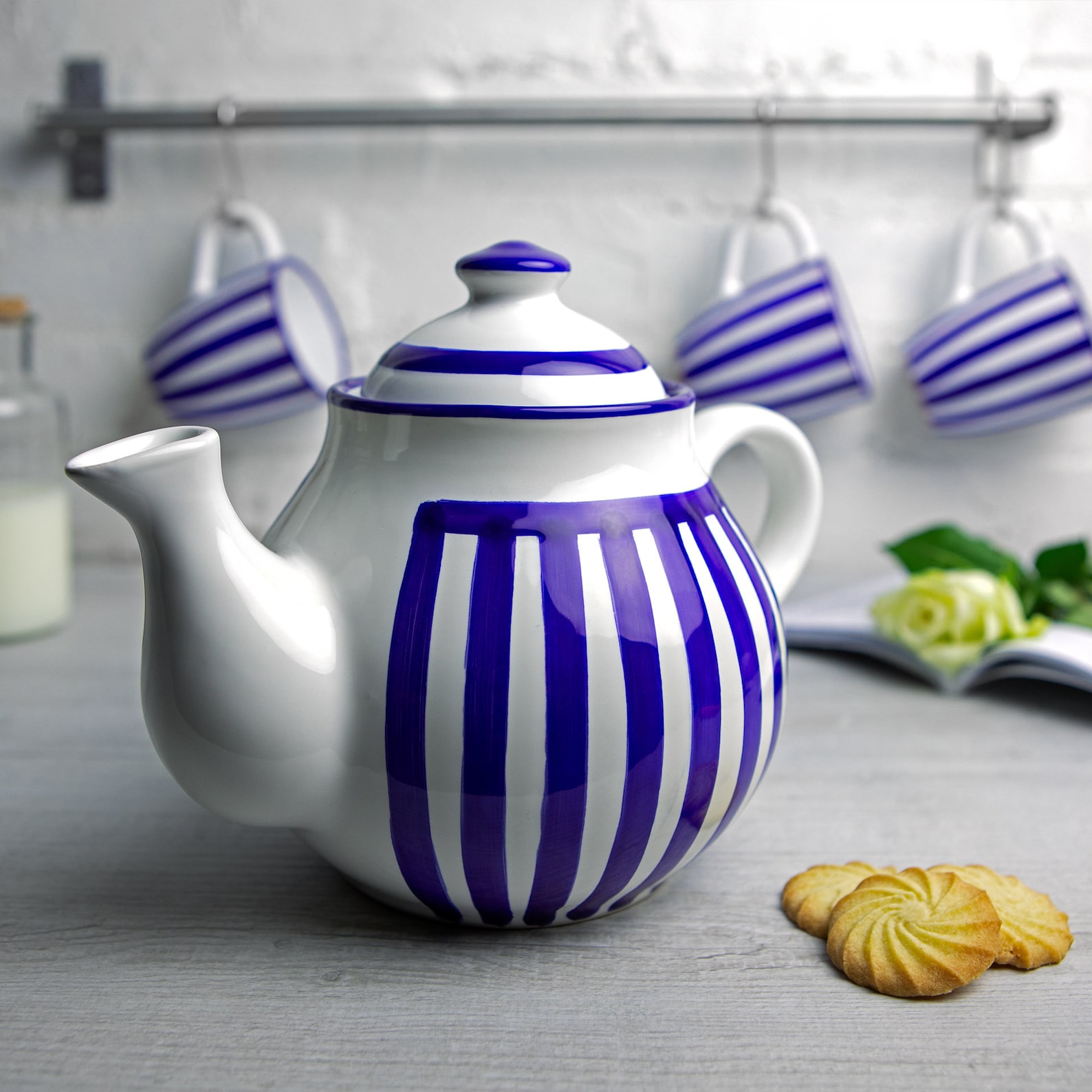 Handmade Ceramic Teapot, Large Navy Blue Striped Stoneware, 60oz - Etsy