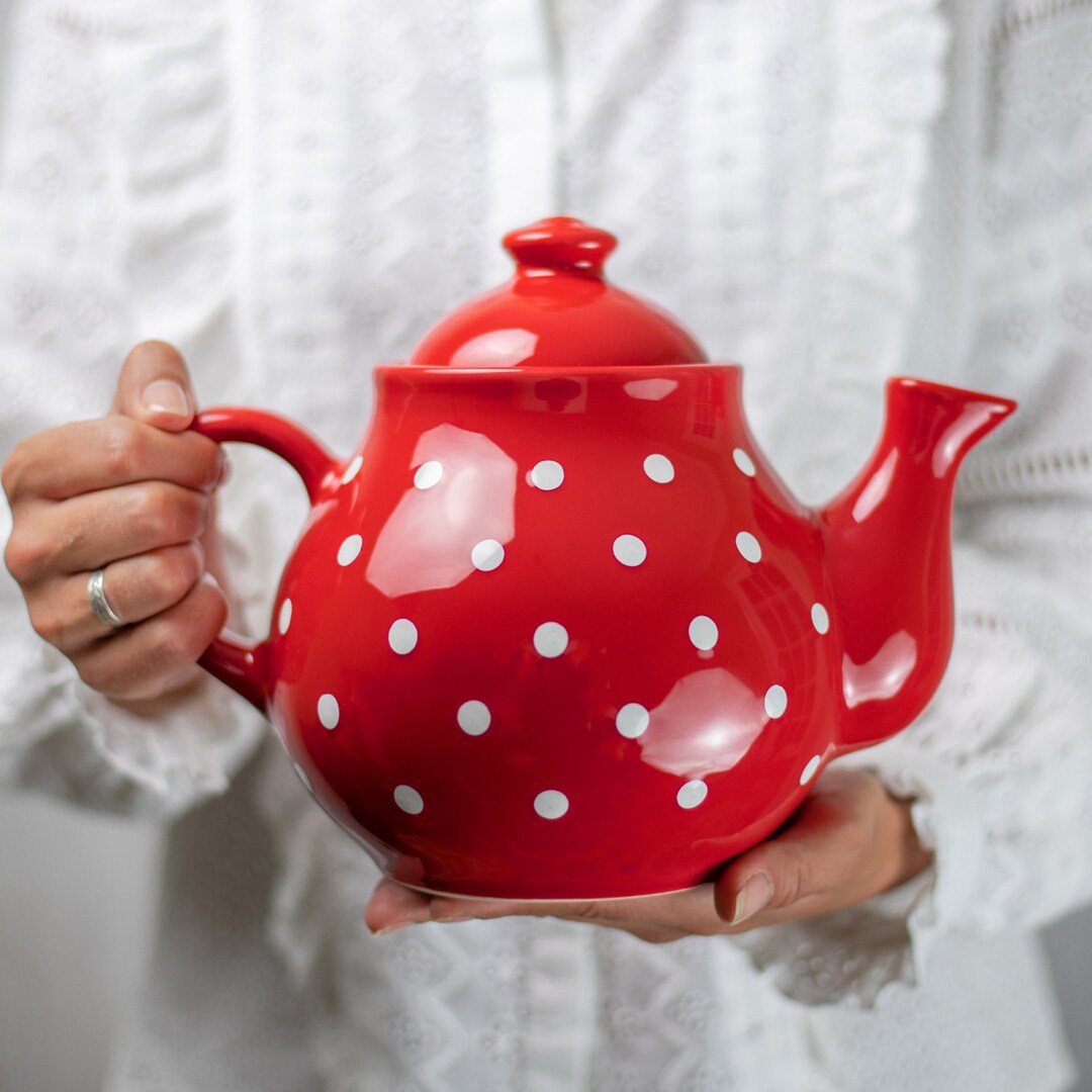 Red Ceramic Teapot, Handmade Pottery Tea Pot, Extra Large With White ...