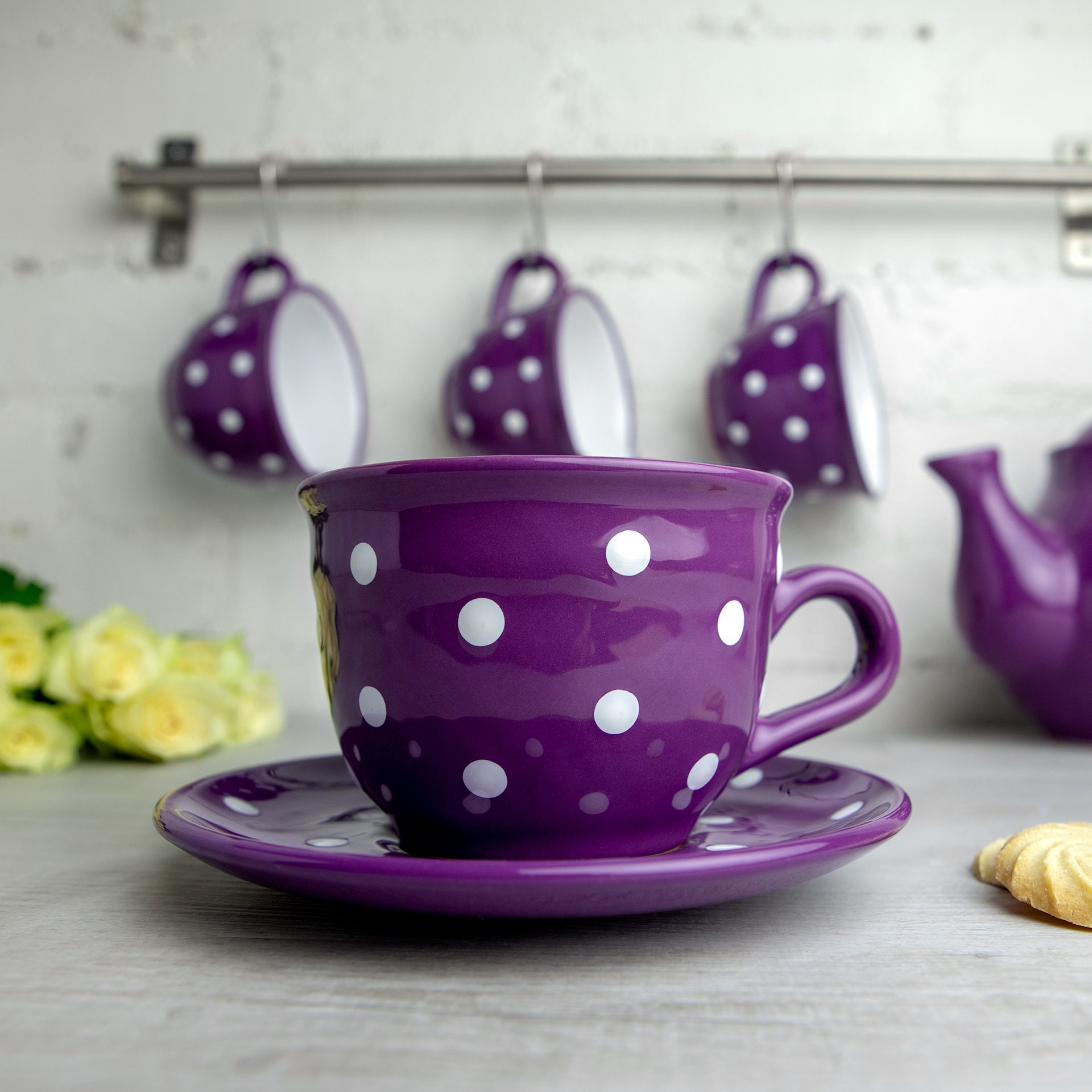 Purple Large Teacup LARGE Cup and Saucer Handmade White - Etsy UK