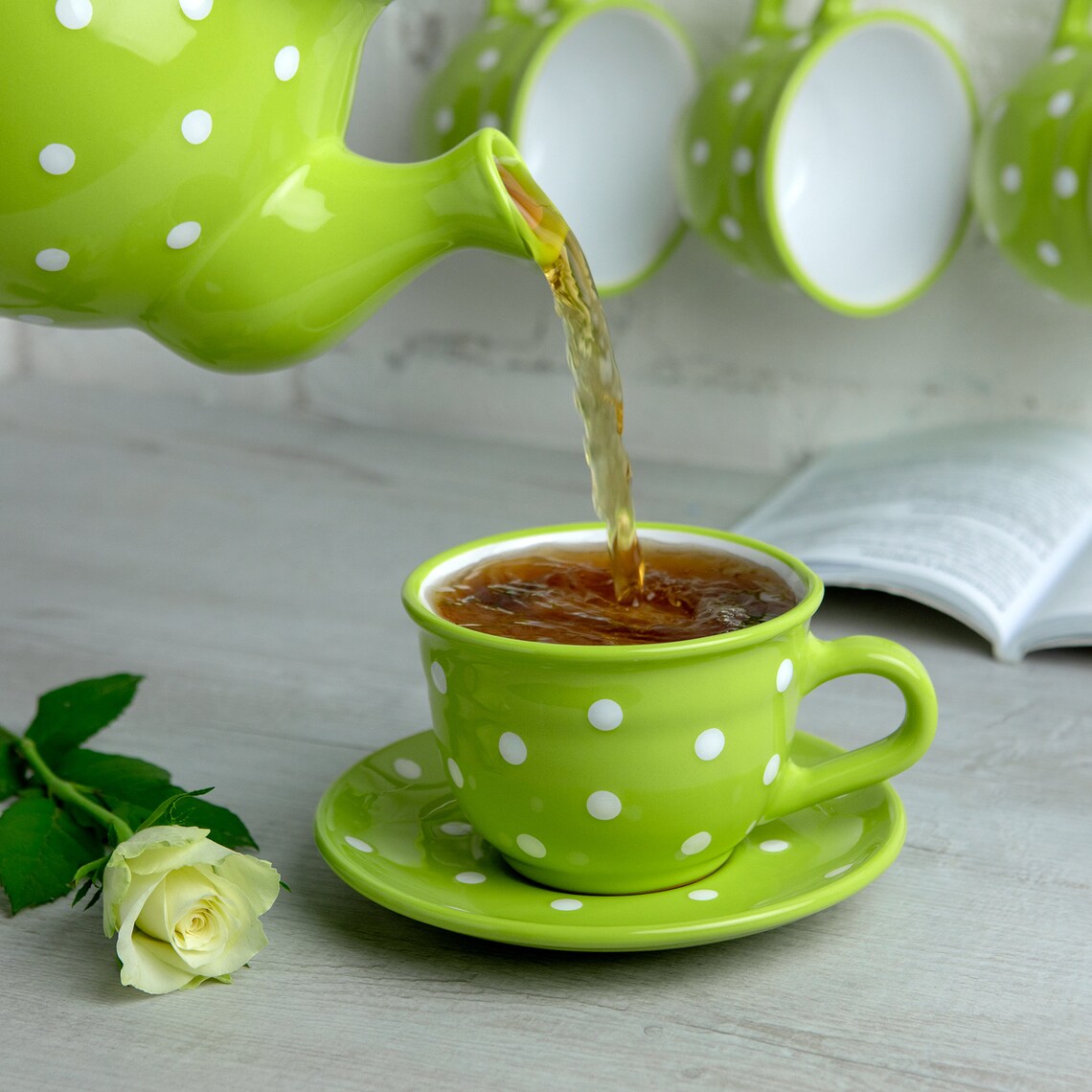 Green Large Teacup LARGE Cup and Saucer Handmade White | Etsy UK