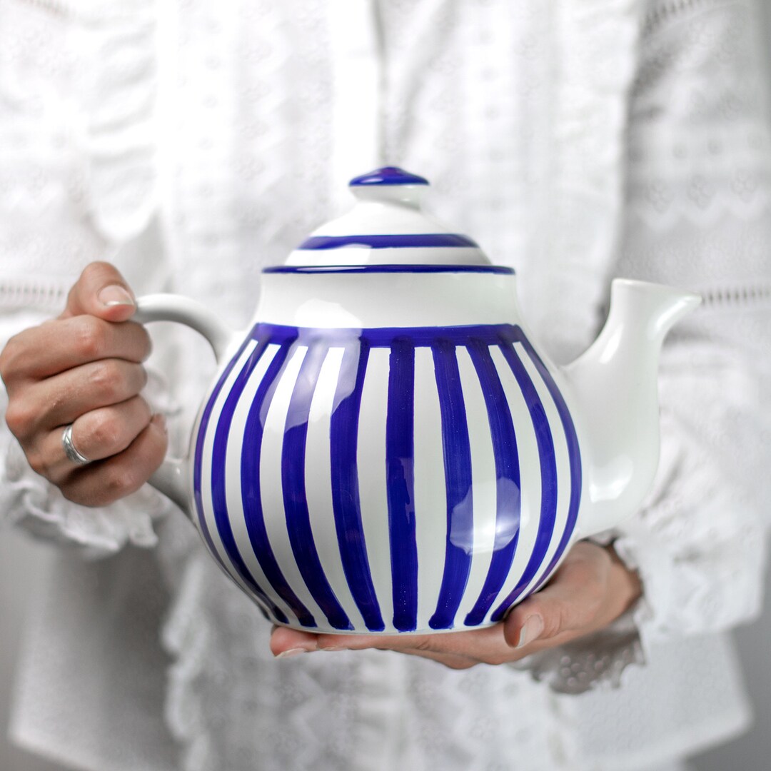 Handmade Ceramic Teapot, Large Navy Blue Striped Stoneware, 60oz - Etsy
