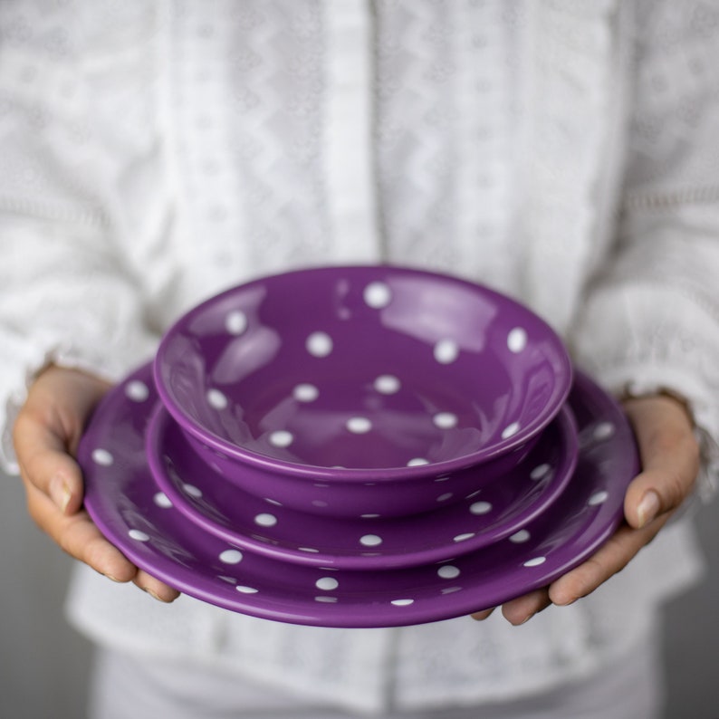 Handmade Ceramic Dinnerware Set for 4 | Purple Polka Dot Pottery - Etsy