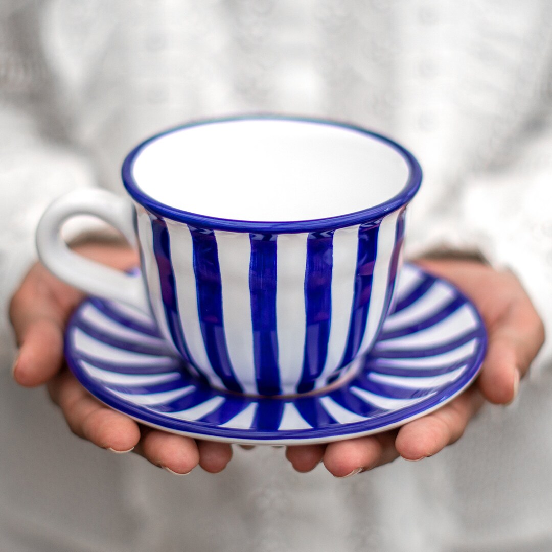 Navy Large Teacup | LARGE Cup and Saucer, Handmade Blue Stripe Country ...