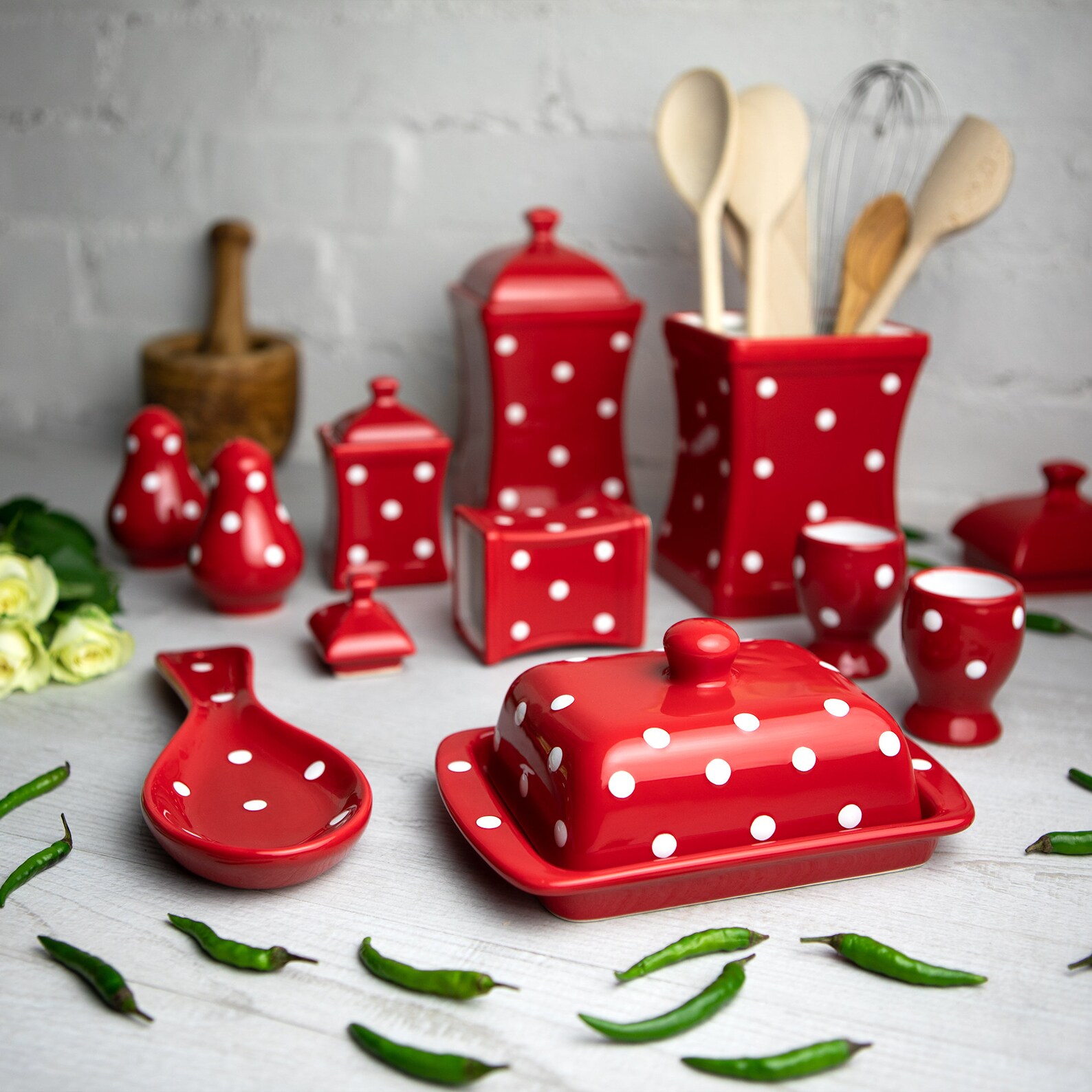 Red Kitchen Set Canisters Spice Jars Butter Dish Cruet - Etsy