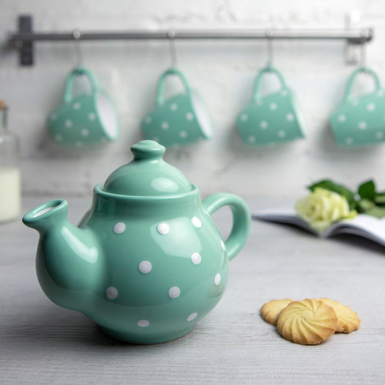 Teal Ceramic Teapot, Handmade Pottery Tea Pot, for 1-2 CUP White Polka ...