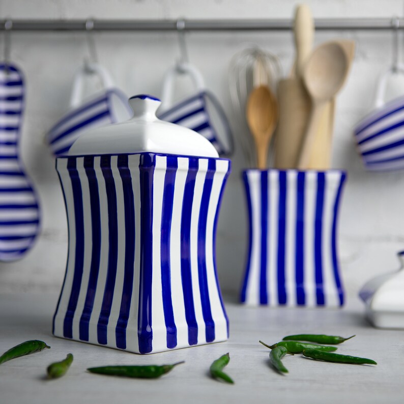 Navy Blue Stripe Canister Set | Handmade Ceramic Kitchen Storage - Etsy