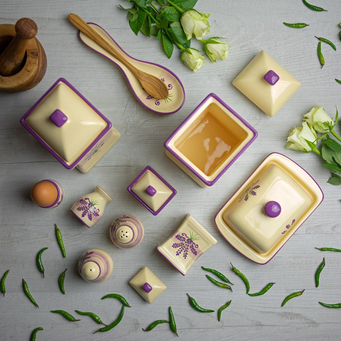 Lavender Kitchen Set Canisters Spice Jars Butter Dish - Etsy UK