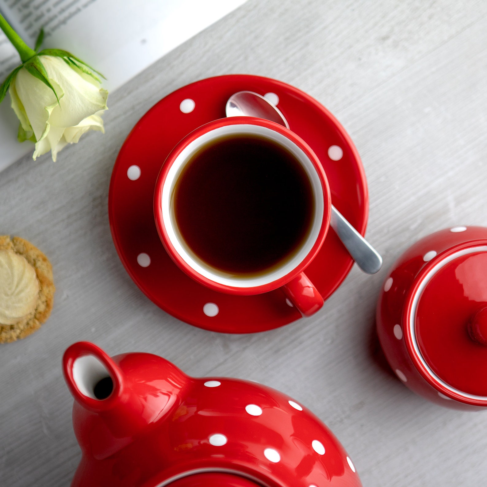 Red Ceramic Tea Cup Teacup and Saucer Handmade White Polka | Etsy