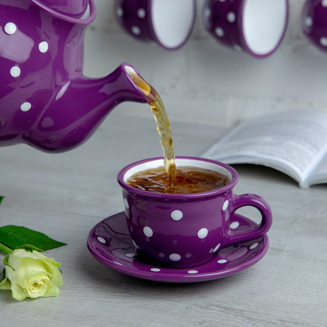 Purple Ceramic Tea Cup Teacup and Saucer Handmade White - Etsy UK