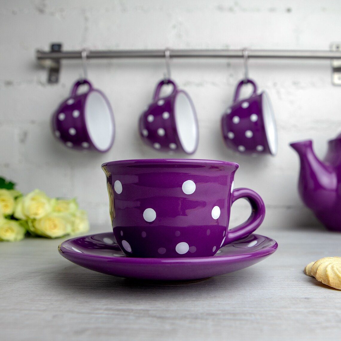Purple Ceramic Tea Cup Teacup and Saucer Handmade White - Etsy UK