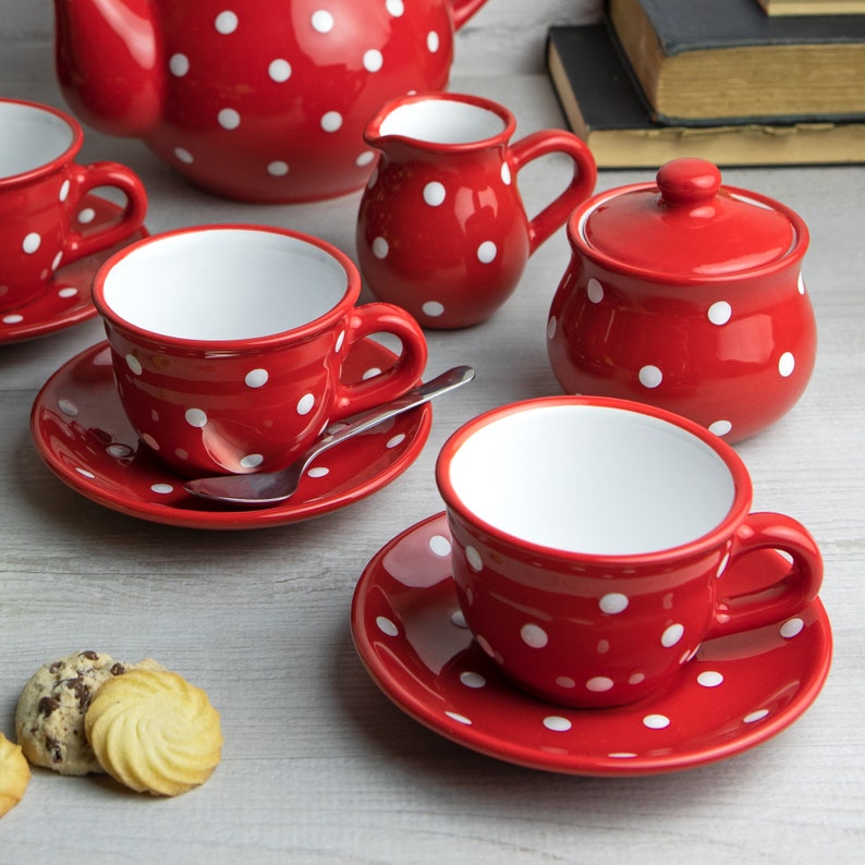 Red Ceramic Tea Cup Teacup and Saucer Handmade White Polka | Etsy