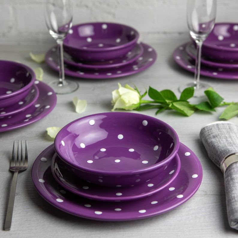 Handmade Ceramic Dinnerware Set for 4 | Purple Polka Dot Pottery - Etsy