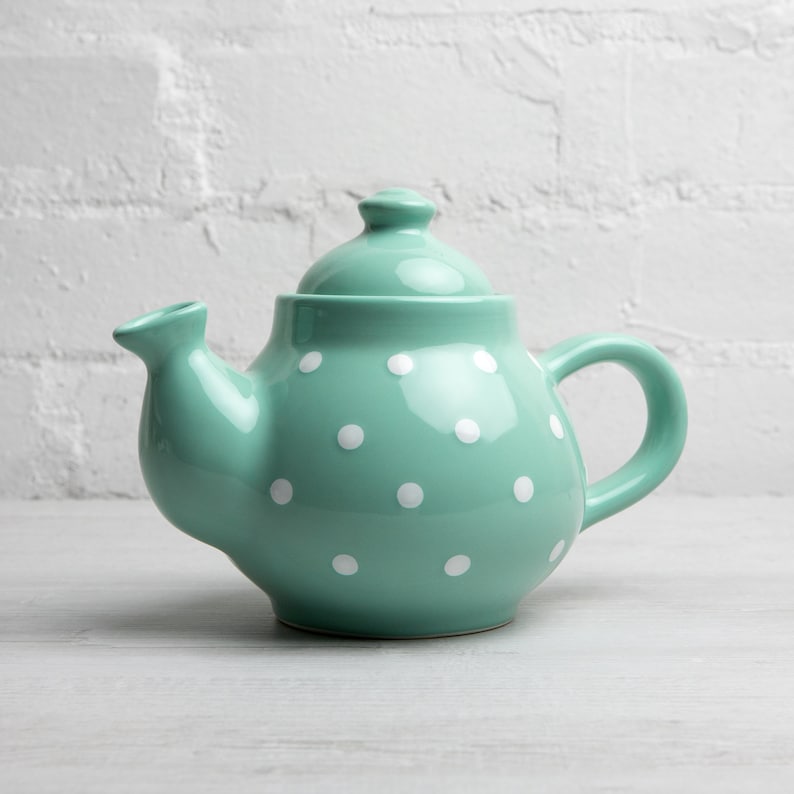 Teal Ceramic Teapot, Handmade Pottery Tea Pot, for 1-2 CUP White Polka ...